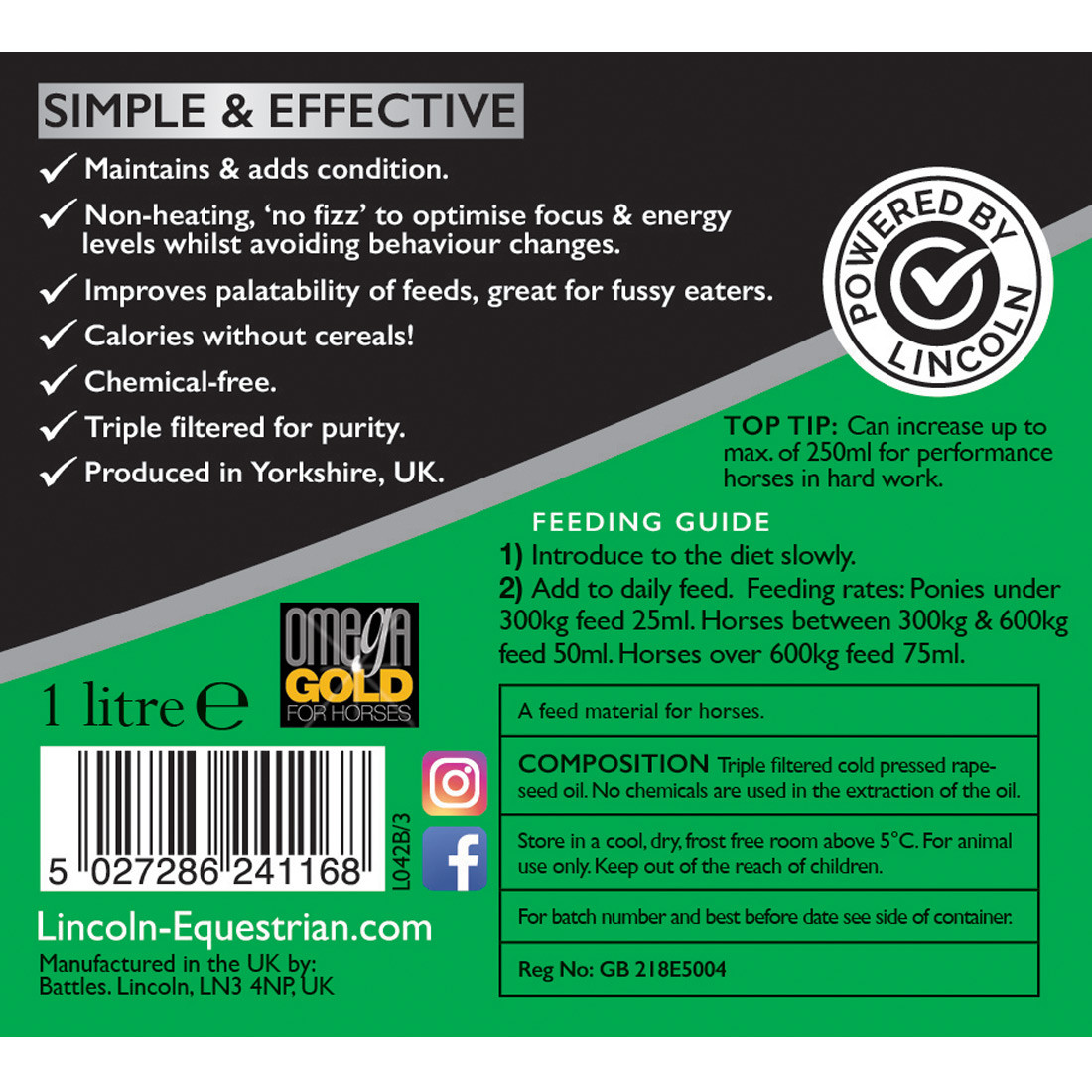 Lincoln Horse Care - Lincoln Omega Gold Rapeseed Oil